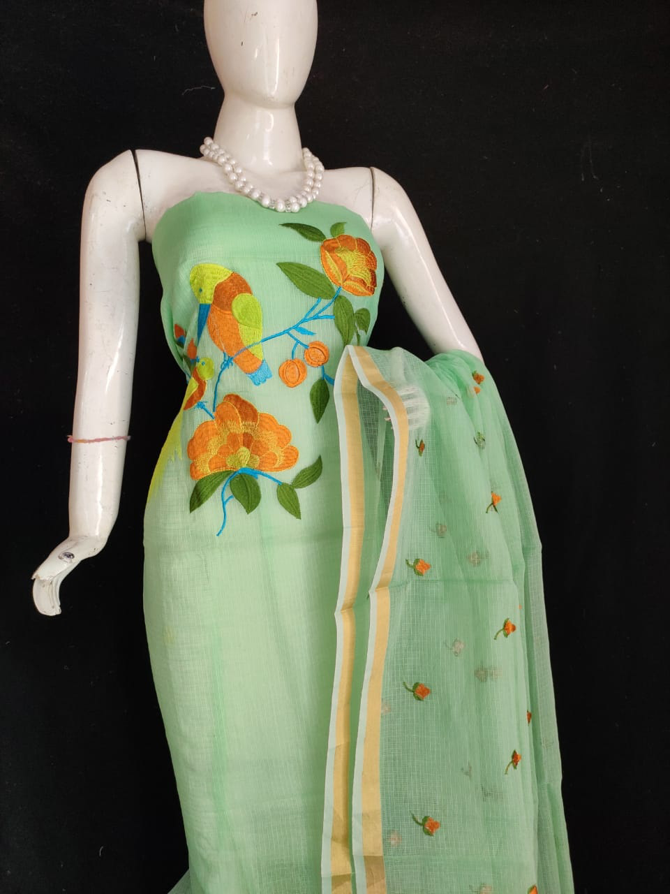 Kota Doria Bird Embroidery Work Cotton Dress Material - Shop online ...