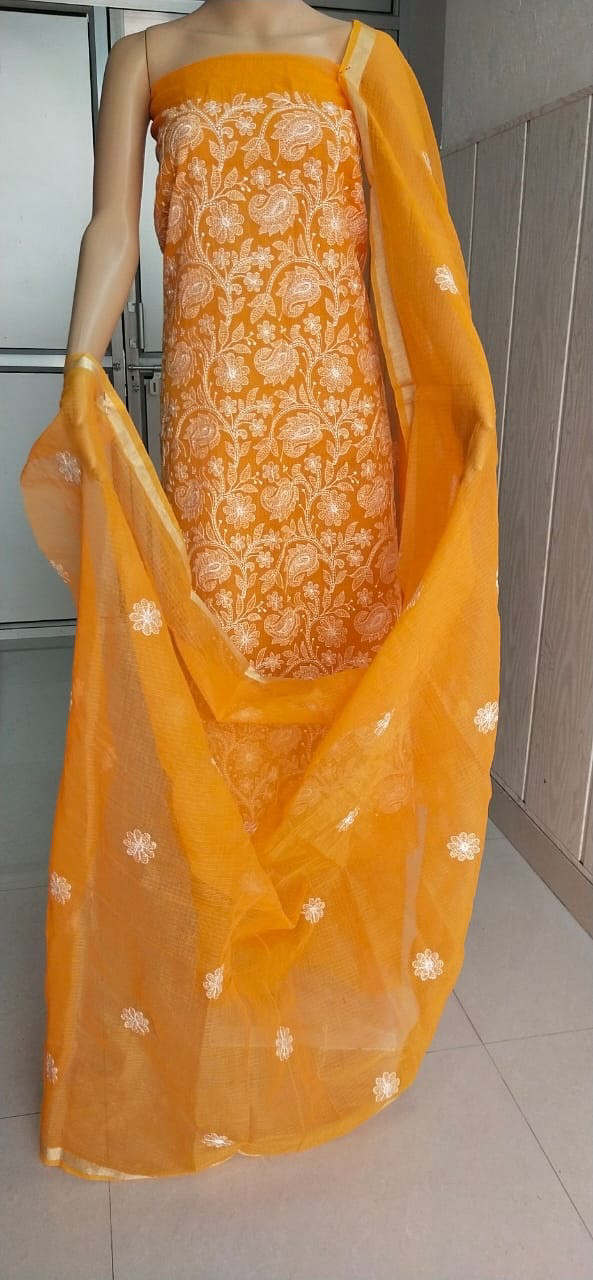 Chikankari dress material in Kota Doria Fabric. Set of top and dupatta ...